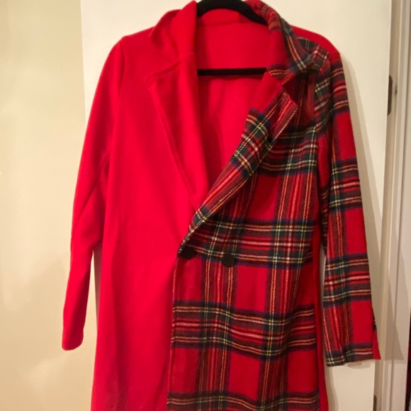 SHEIN | Jackets & Coats | Half Plaid Half Red Holiday Jacket | Poshmark